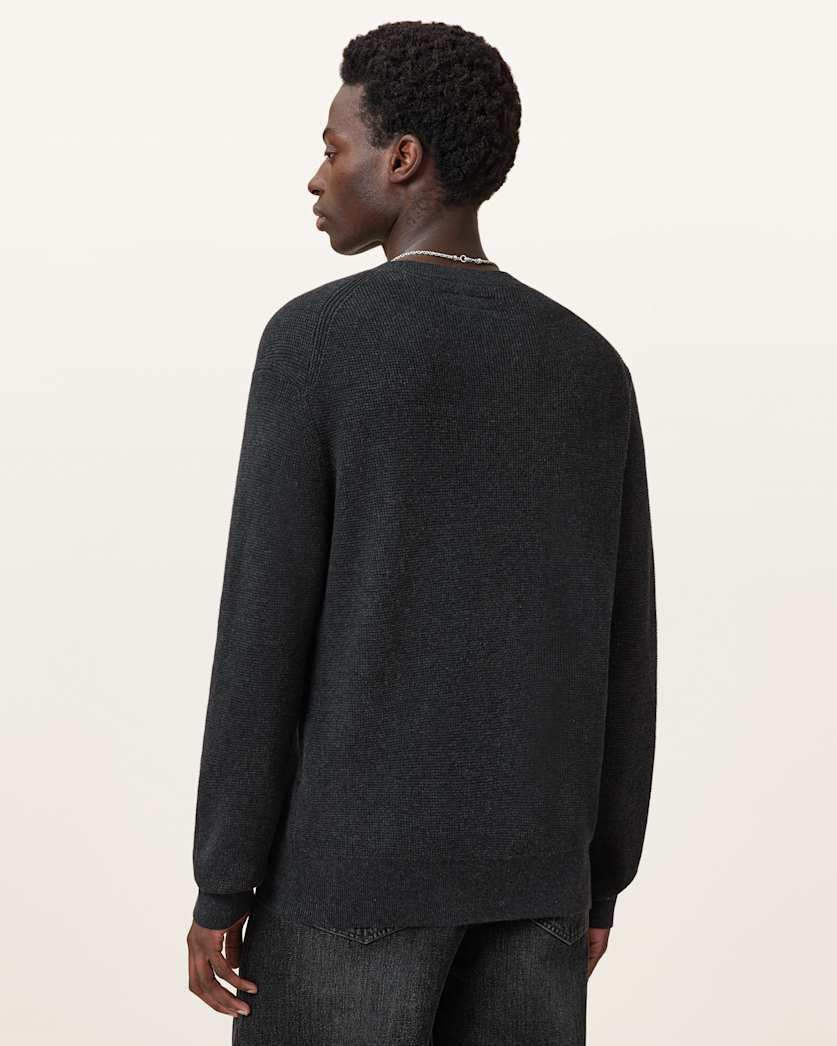 Aspen Waffle Texture Crew Neck Ramskull Jumper Cinder Black | ALLSAINTS